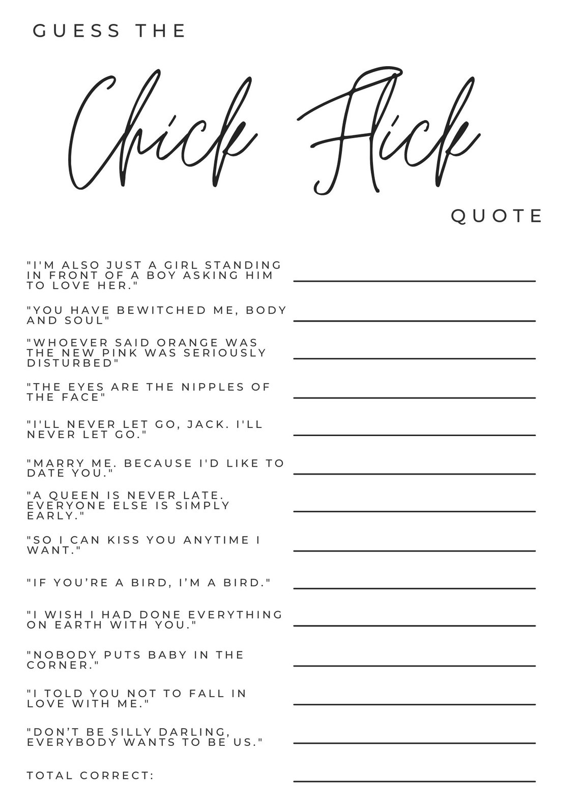 Chick Flick Game Rom Com Guessing Game Modern Bridal Shower Game ...