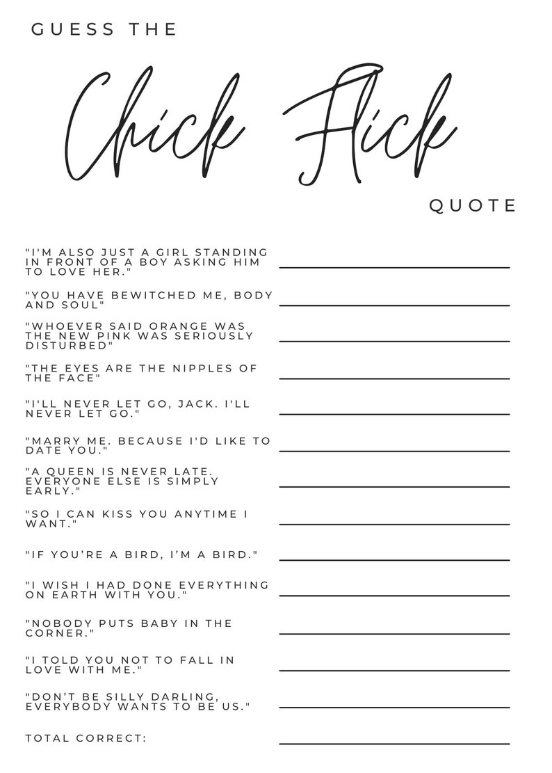 Chick Flick Game Rom Com Guessing Game Modern Bridal Shower Game ...