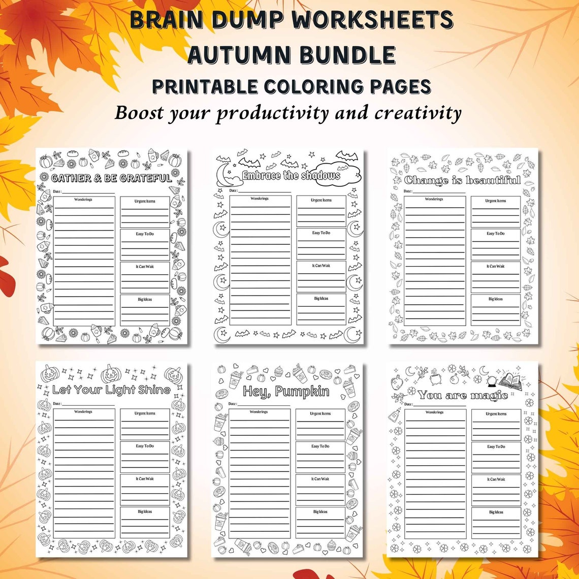 Autumn Brain Dump Worksheets Coloring Journal Pages Habit Tracker and ...