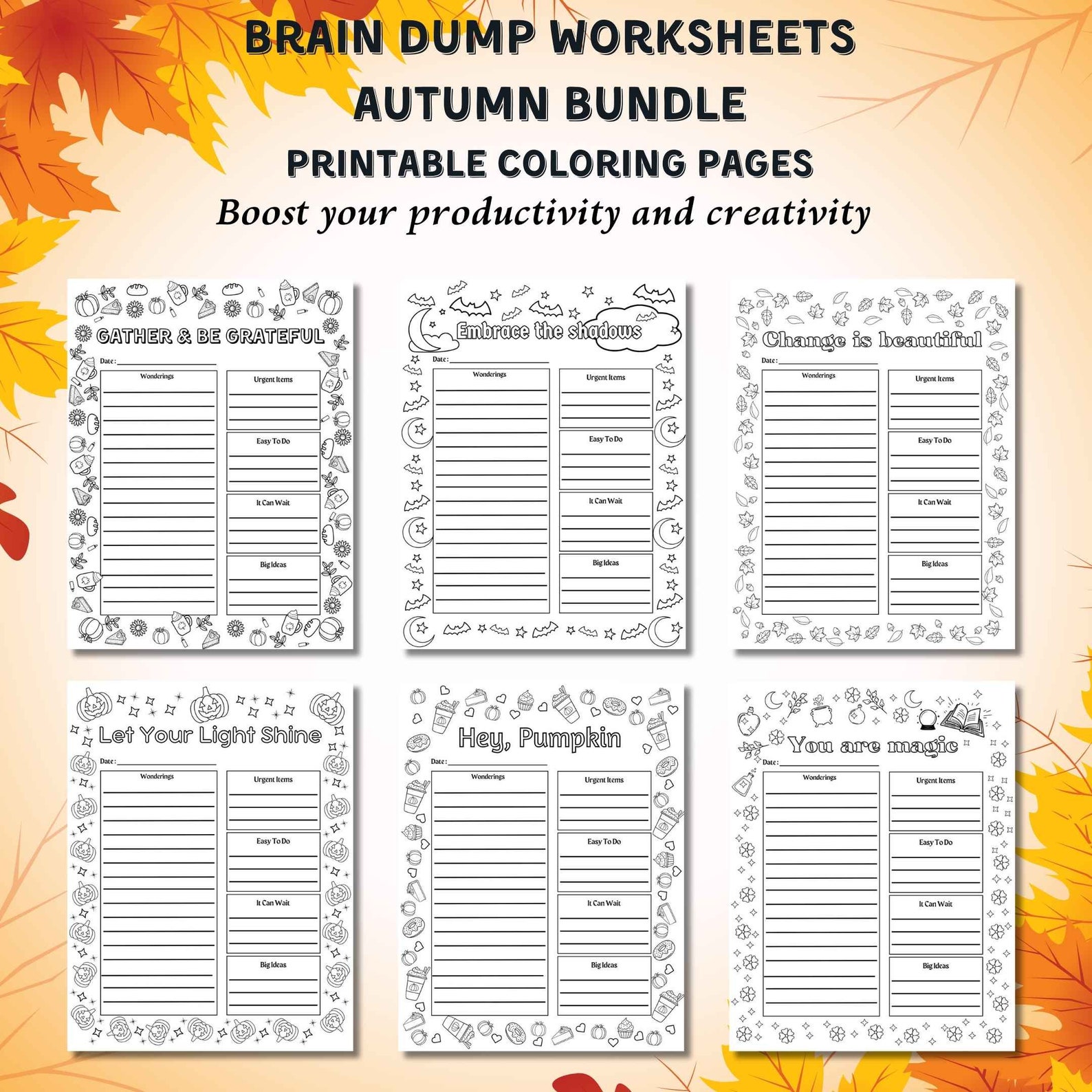 Autumn Brain Dump Worksheets - Coloring Journal Pages - Habit Tracker ...