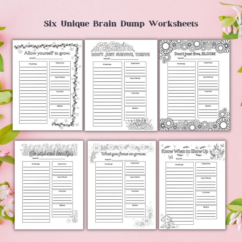 Flower Garden Themed Brain Dump Worksheets Coloring Page and - Etsy