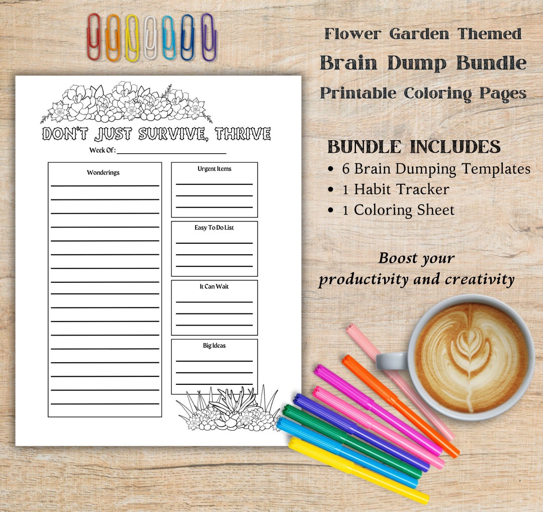 Flower Garden Themed Brain Dump Worksheets - Coloring Page and Habit ...