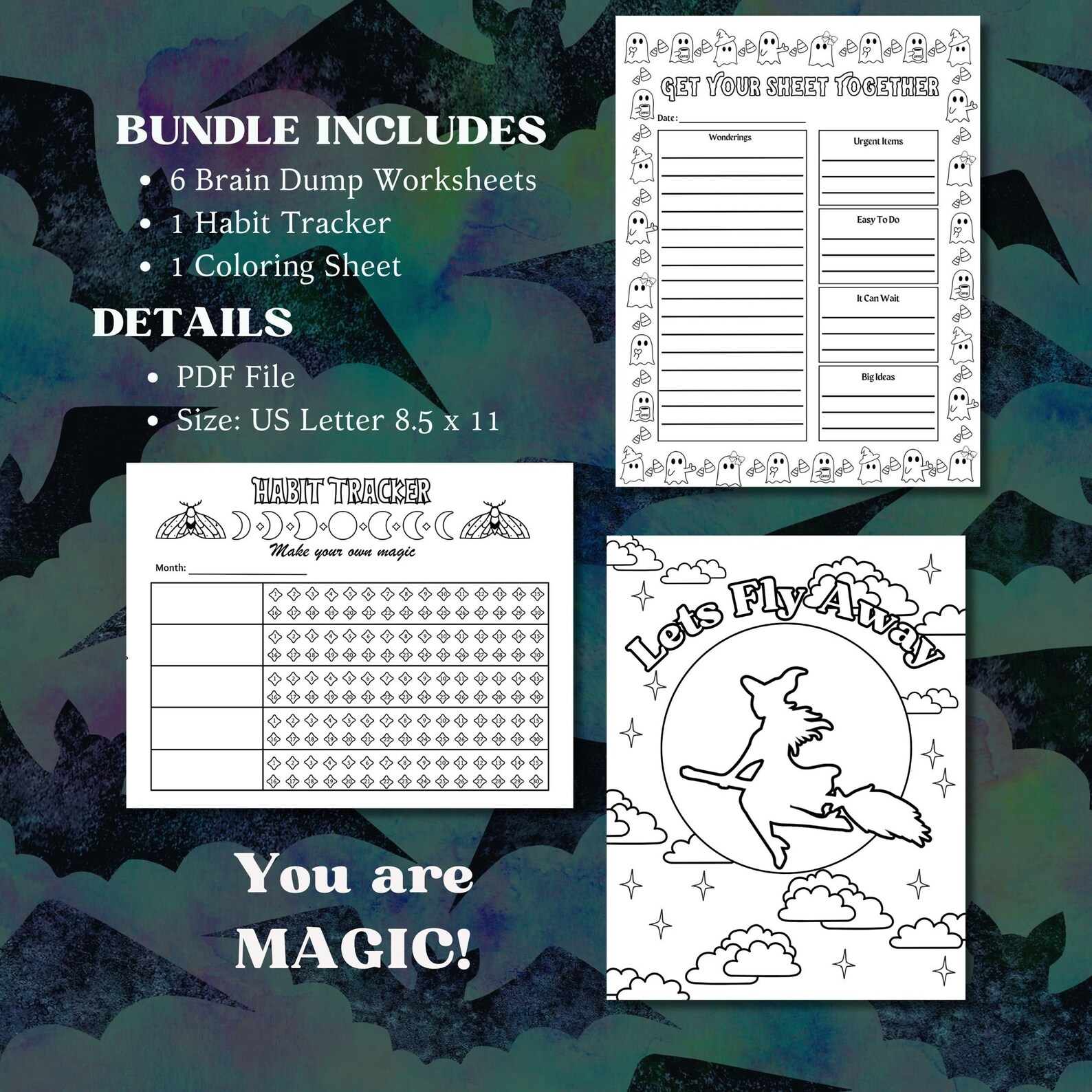 Halloween Themed Brain Dump Worksheets - Journal Coloring Pages - Habit ...
