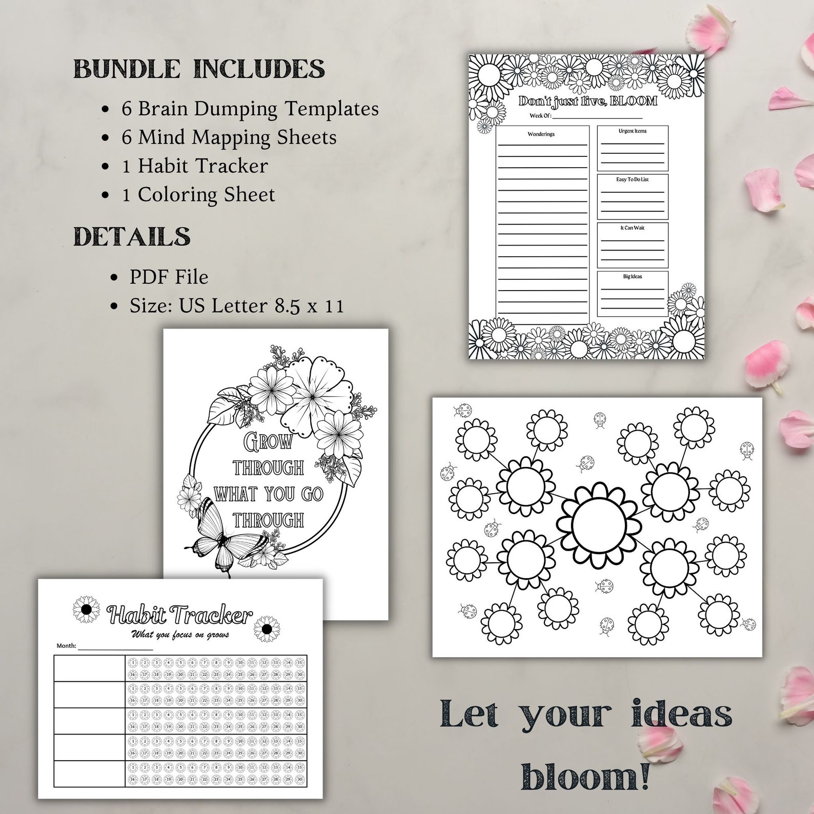 Flower Garden Themed Brain Dump & Mind Mapping Bundle - Coloring Page ...