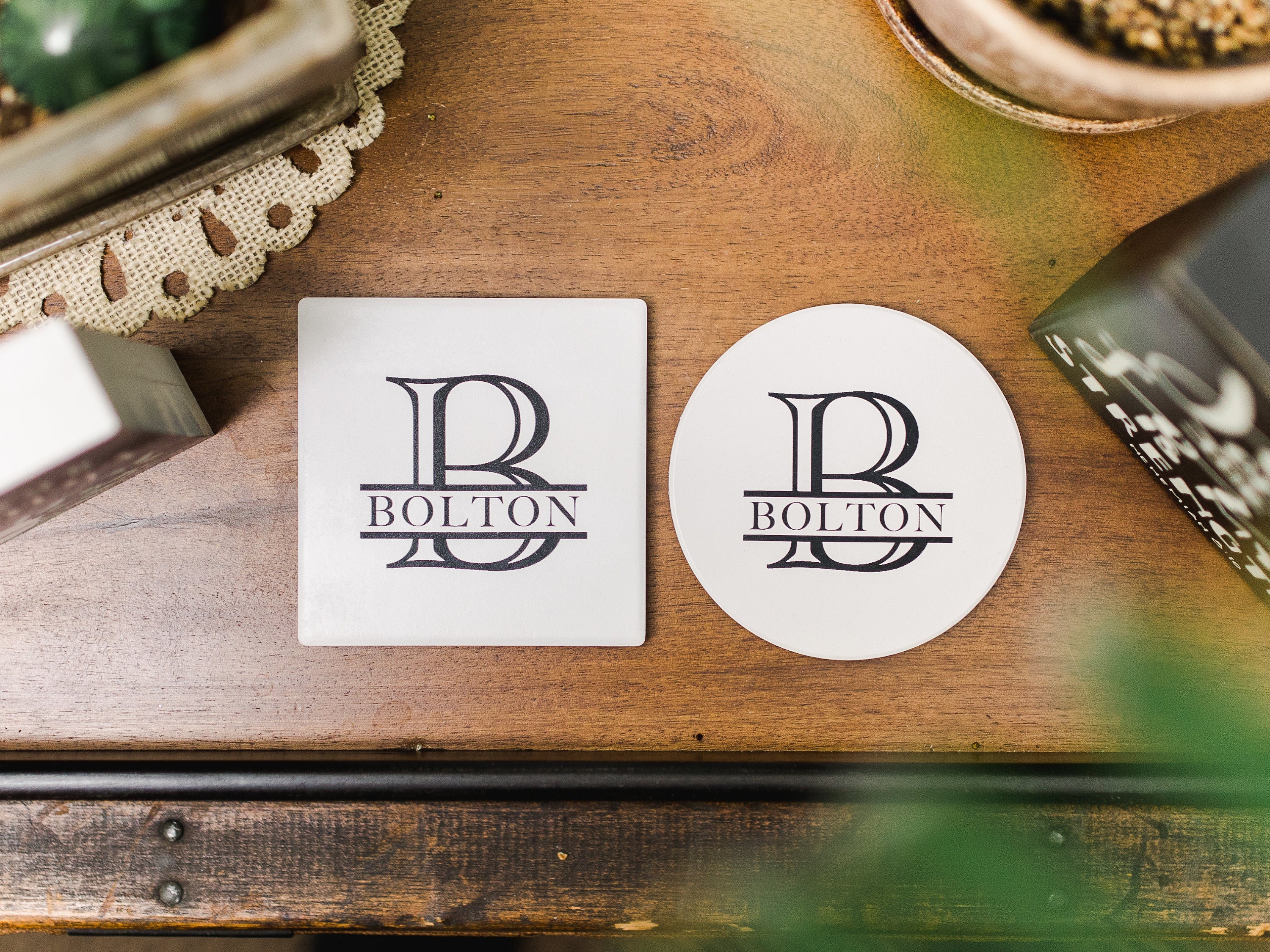 Laser-engraved Personal Monogram Ceramic Coasters Personalized Gift for ...
