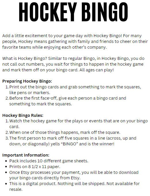 10 Printable Hockey Bingo Cards - Etsy