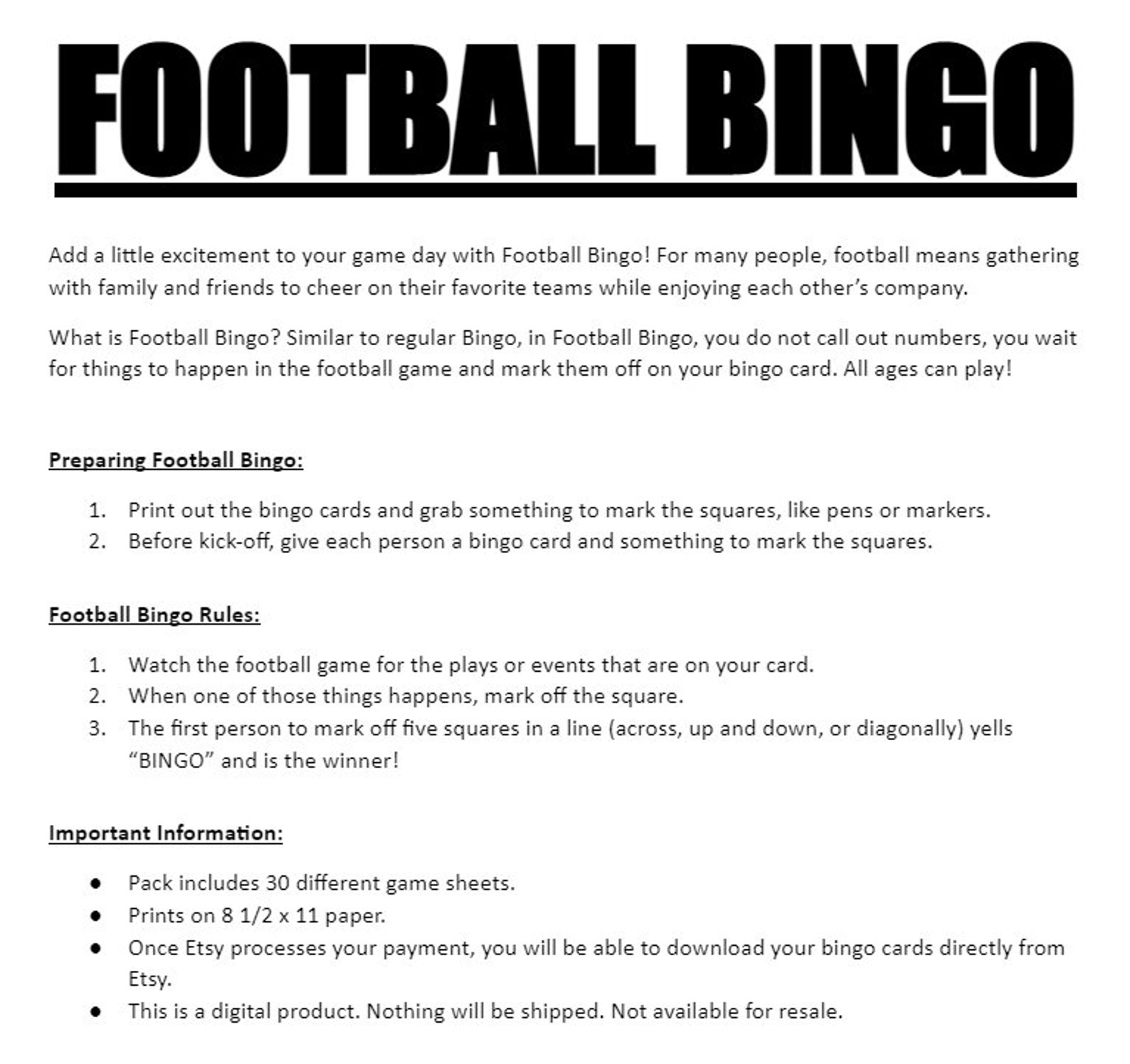 Football Bingo: 30 Printable Cards for Game Day (digital Download) - Etsy