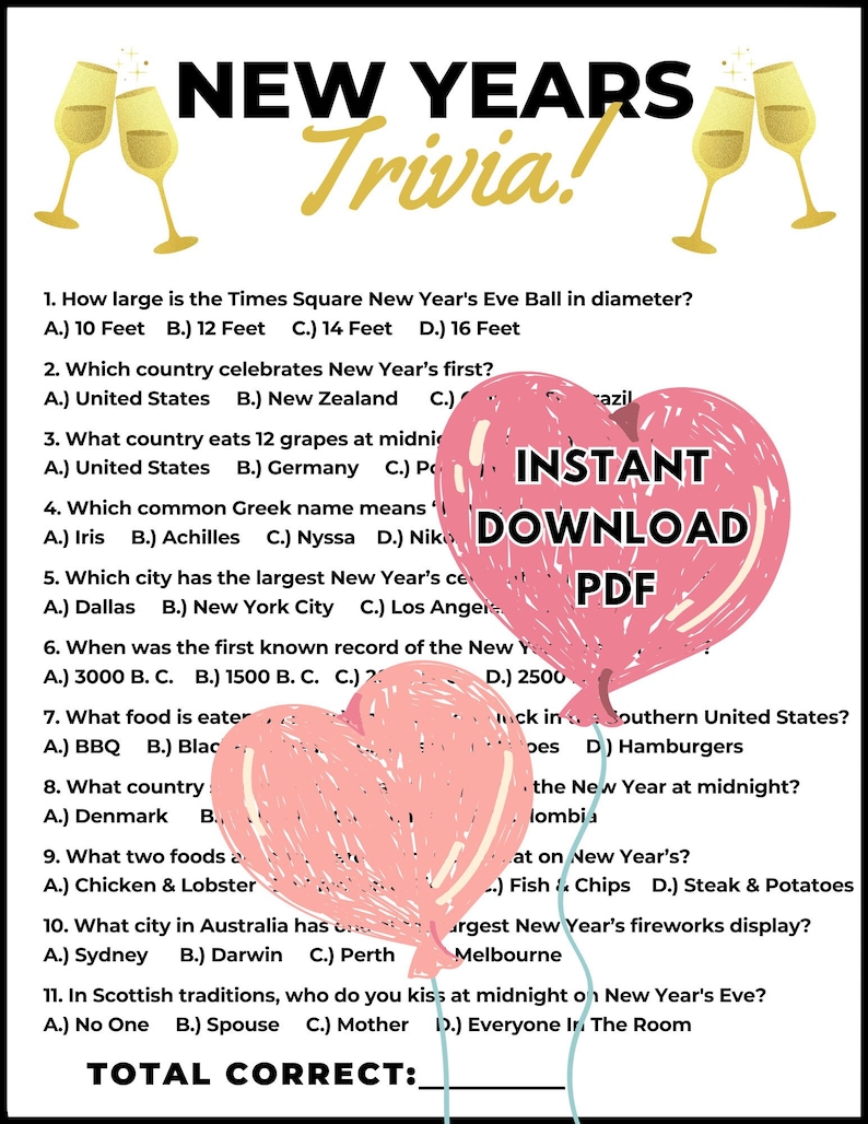 New Year's Eve Trivia Game: Fun Holiday Activity (digital Download) - Etsy