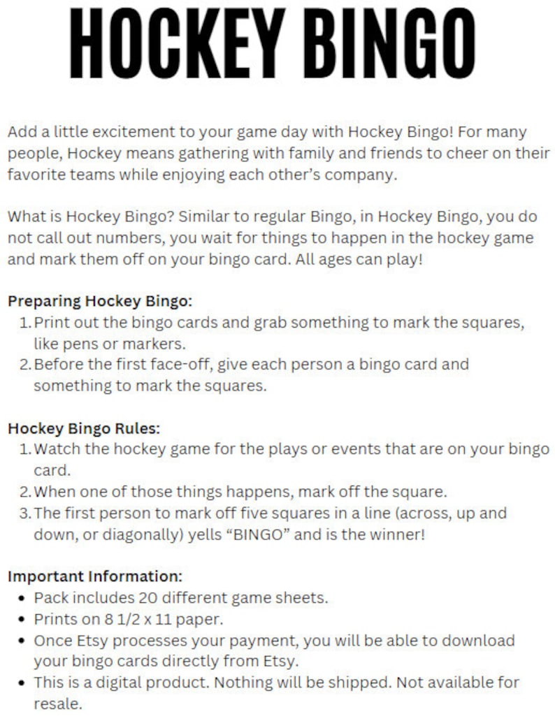 20 Printable Hockey Bingo Cards - Etsy