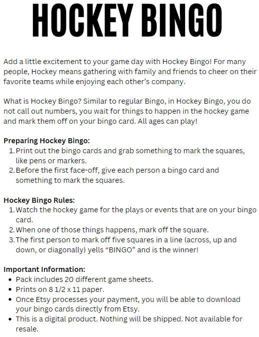 20 Printable Hockey Bingo Cards - Etsy