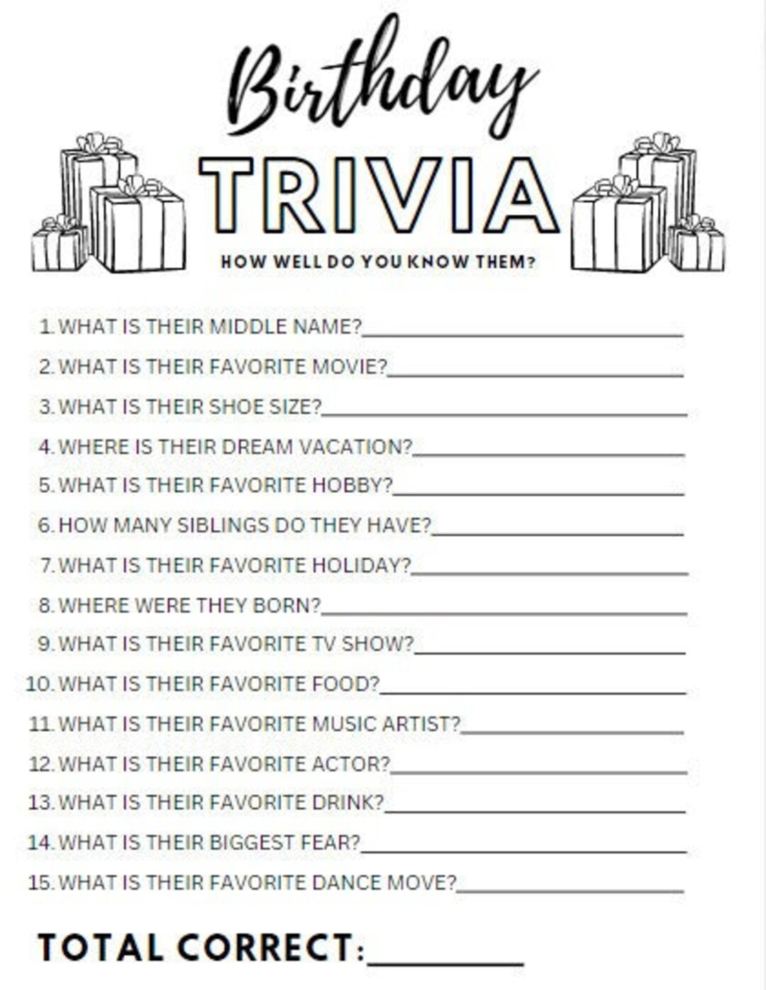 Printable Birthday Party Trivia Game Conversation Starter Party Starter ...