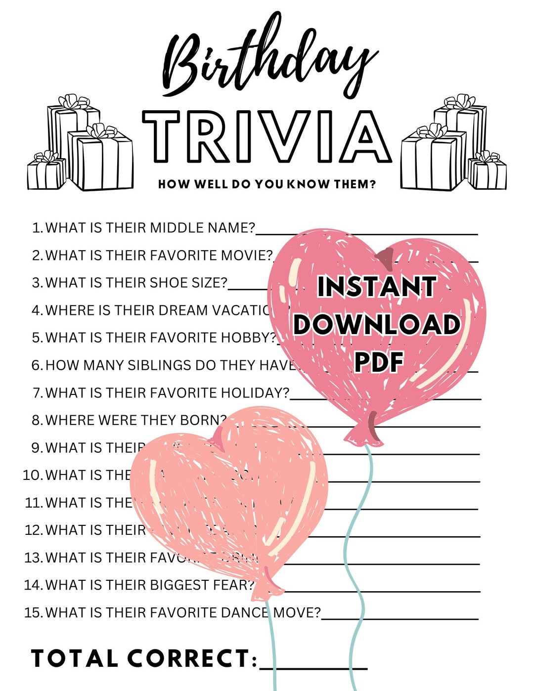 Printable Birthday Party Trivia Game | Conversation Starter | Party ...