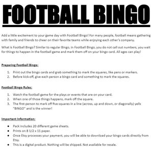 Football Bingo: 20 Printable Cards for Game Day (digital Download) - Etsy