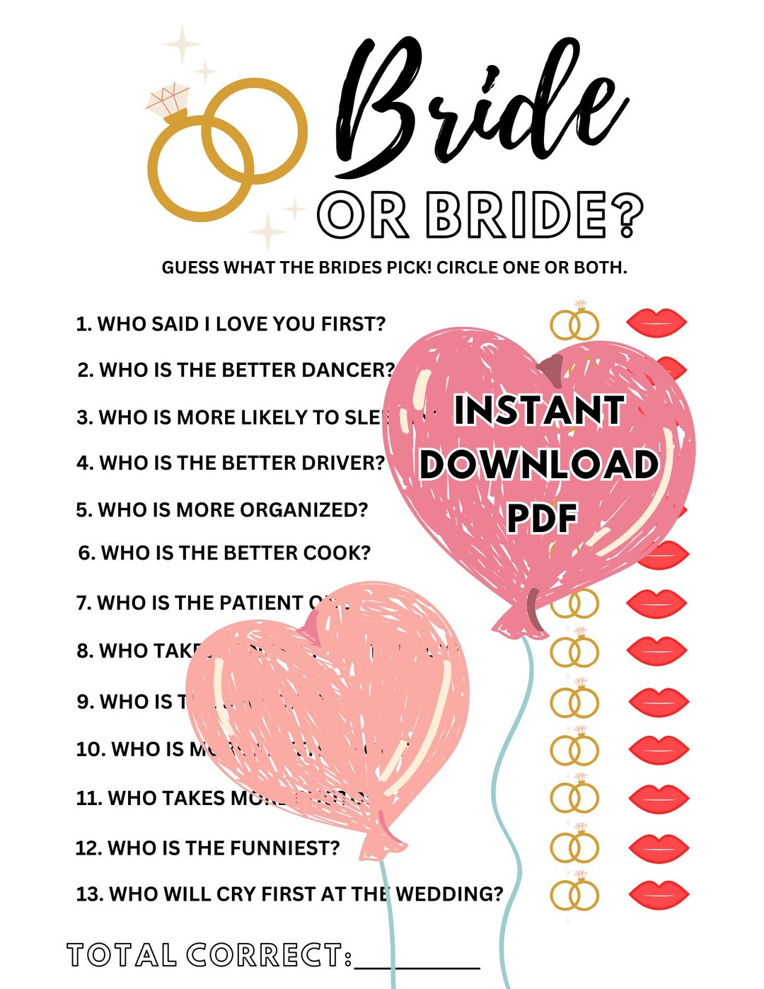 Printable Bridal Shower Game Bride or Bride Wedding Party Games EASY ...