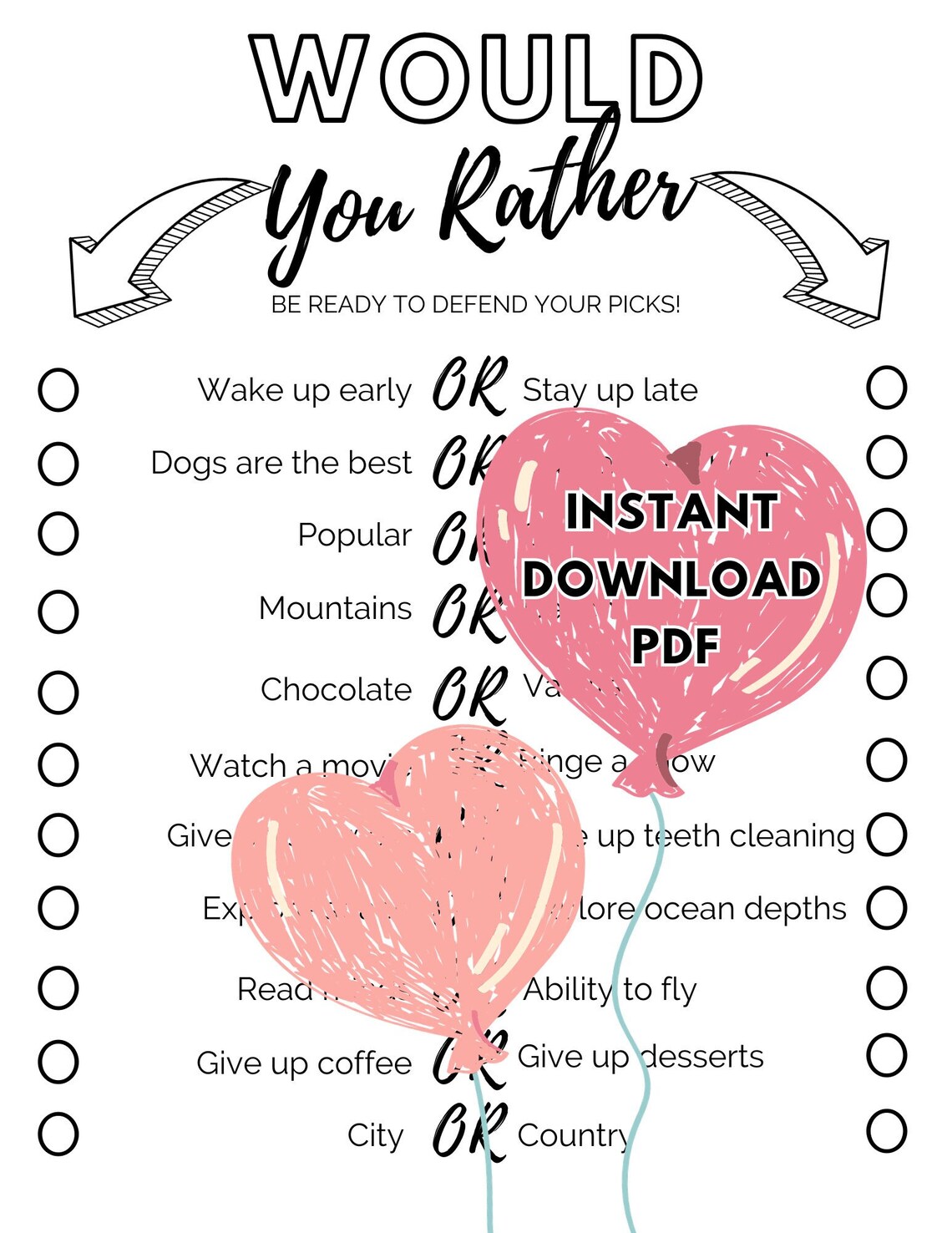 Would You Rather Party Game: This or That Questions (instant Download ...