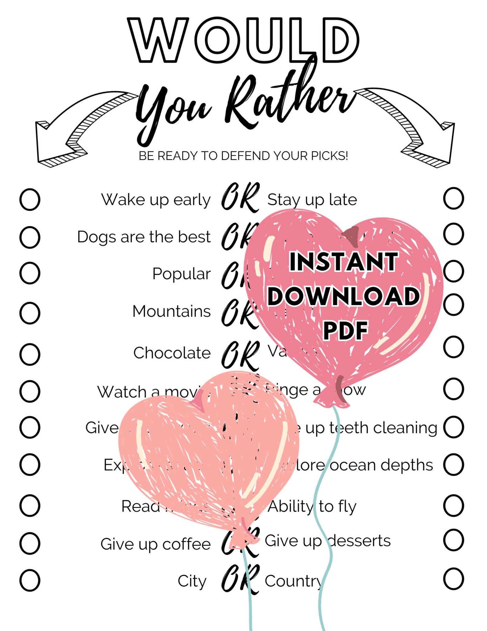 Would You Rather Party Game: This or That Questions (instant Download ...