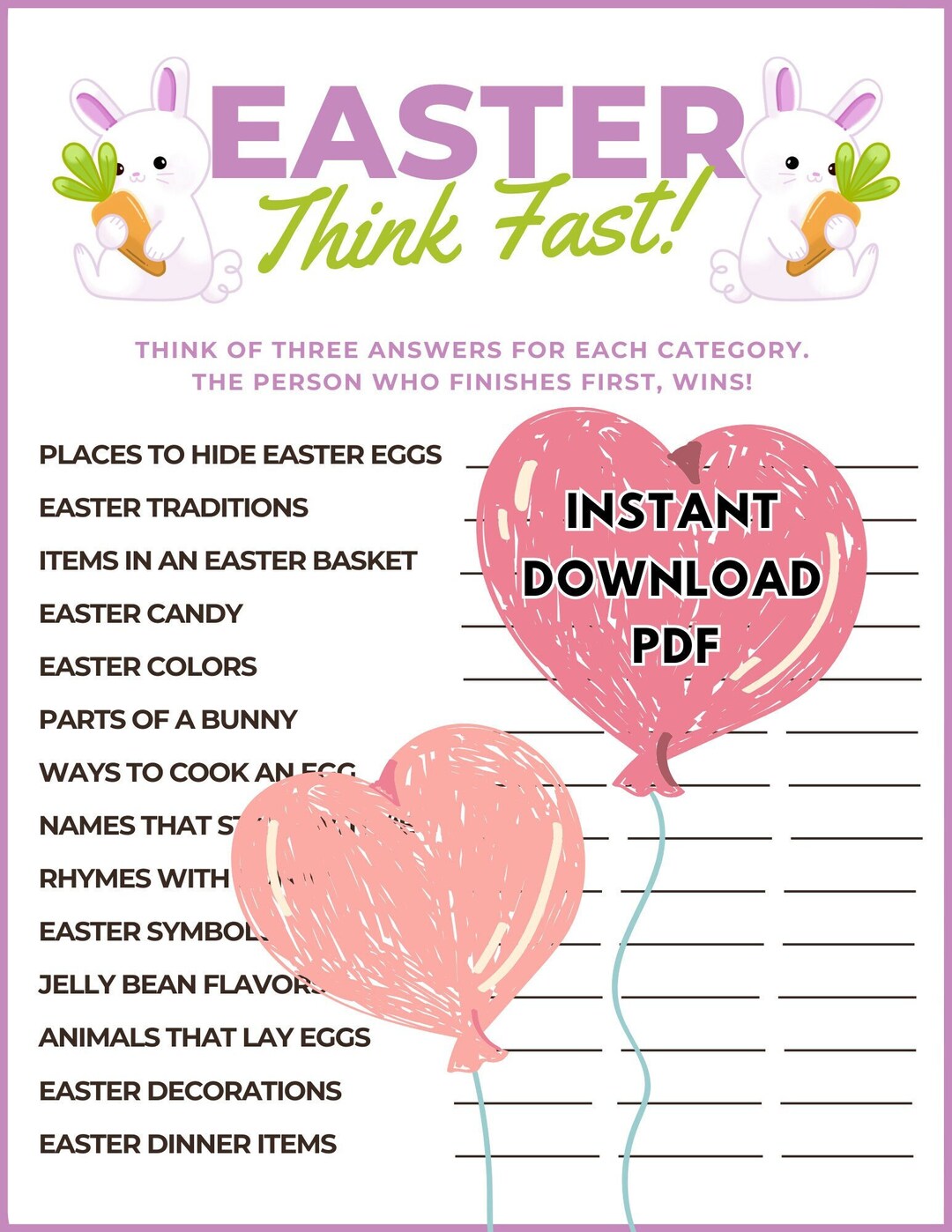 Printable Easter Think Fast Game | Easter Day Activity | Holiday Games ...