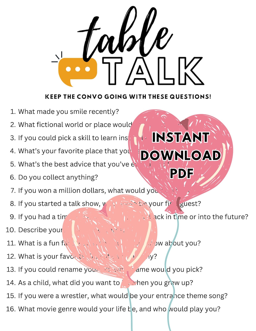Table Talk Questions: Conversation Starters, Party Icebreaker (PDF ...
