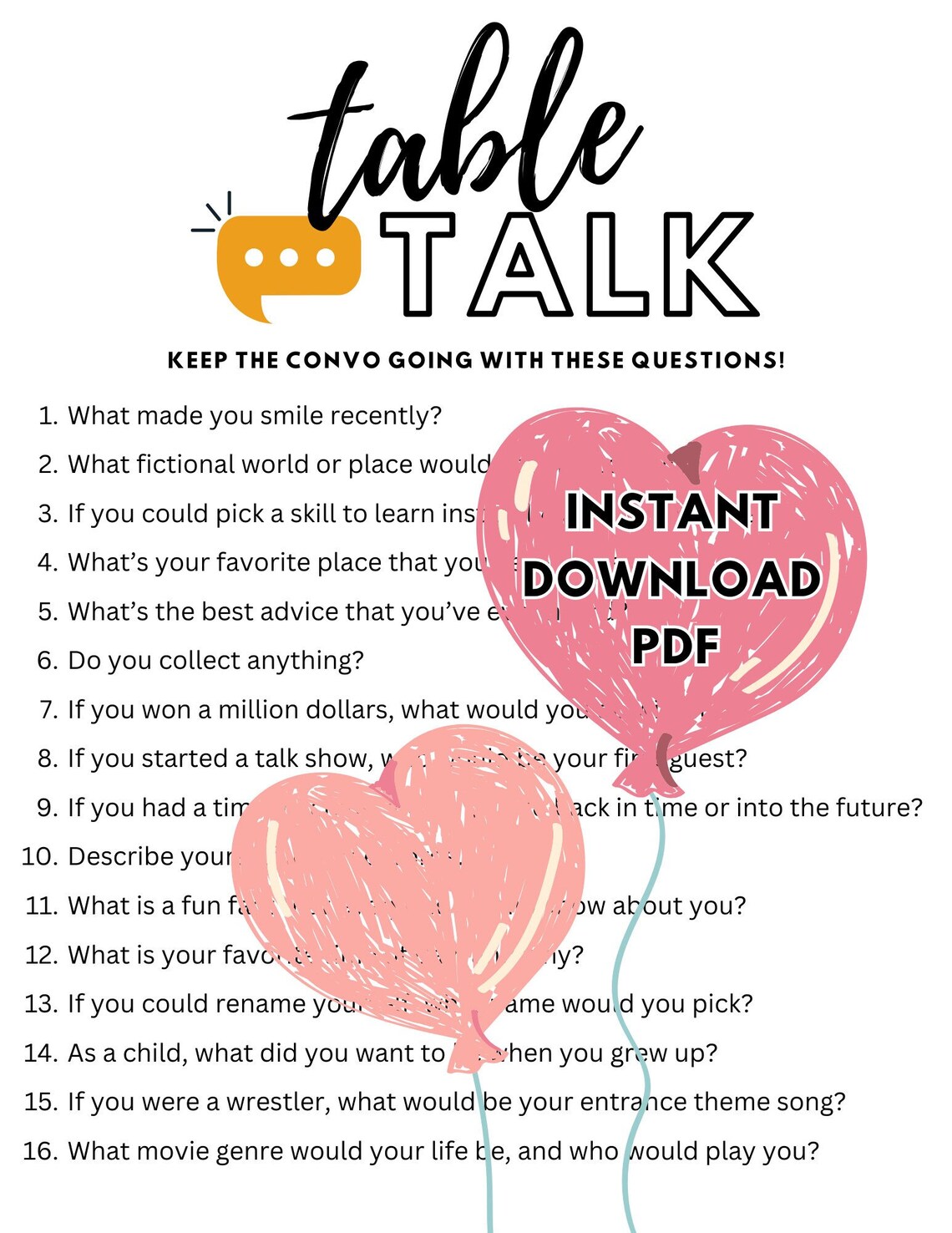 Table Talk Questions: Conversation Starters, Party Icebreaker (PDF ...