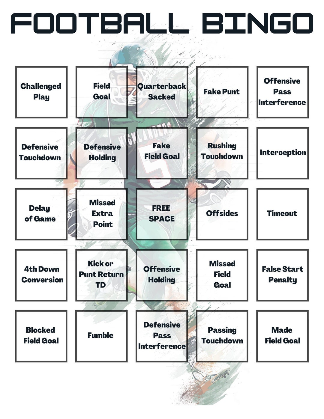 20 Printable Football Bingo Cards - Etsy