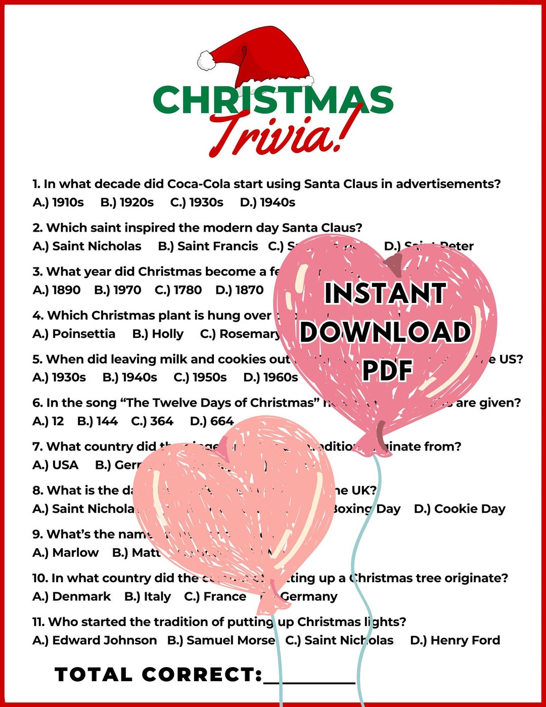 Printable Christmas Trivia | Christmas Day Activity | Holiday Game ...