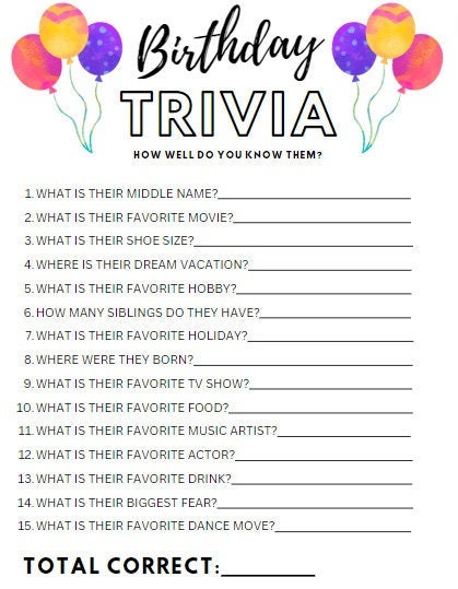 Printable Birthday Party Trivia Game Conversation Starter Etsy