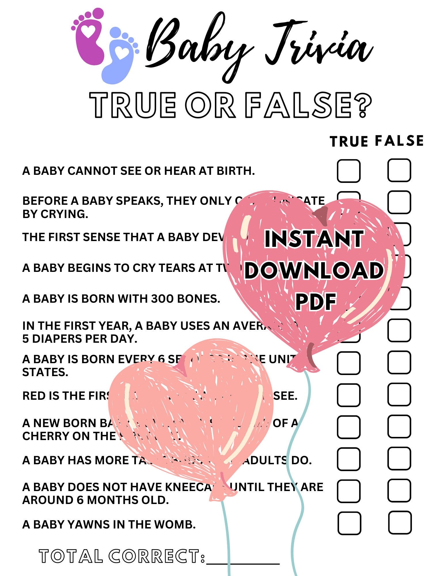 Baby Shower Games WITH Answers Printable | Baby Shower Game True or ...