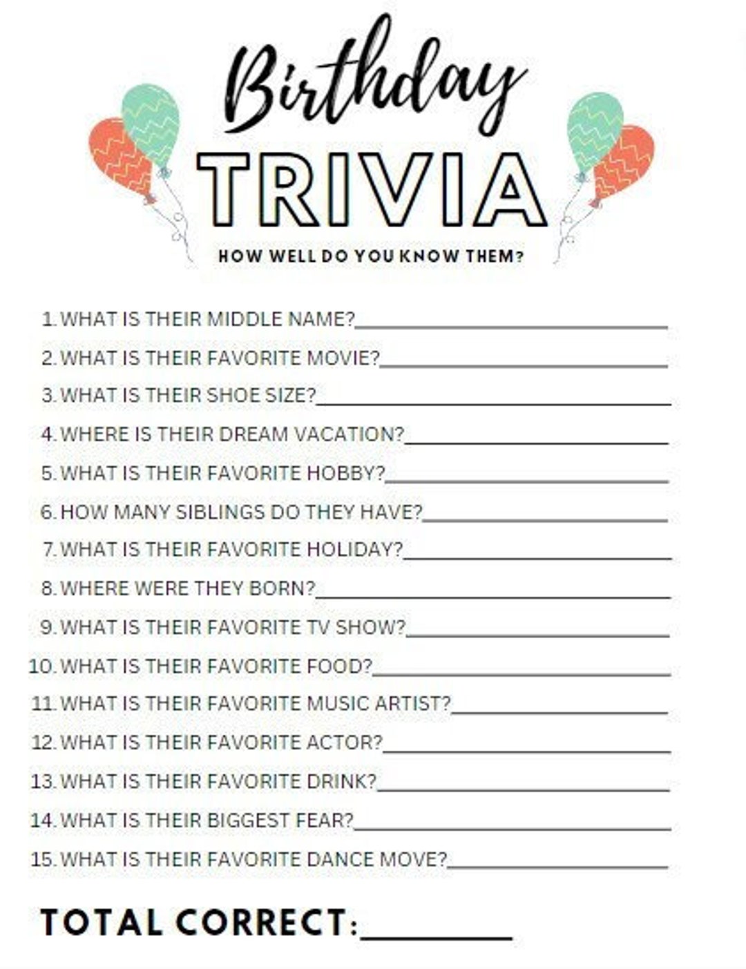 Jeu-questionnaire imprimable sur la fête d'anniversaire - Etsy France