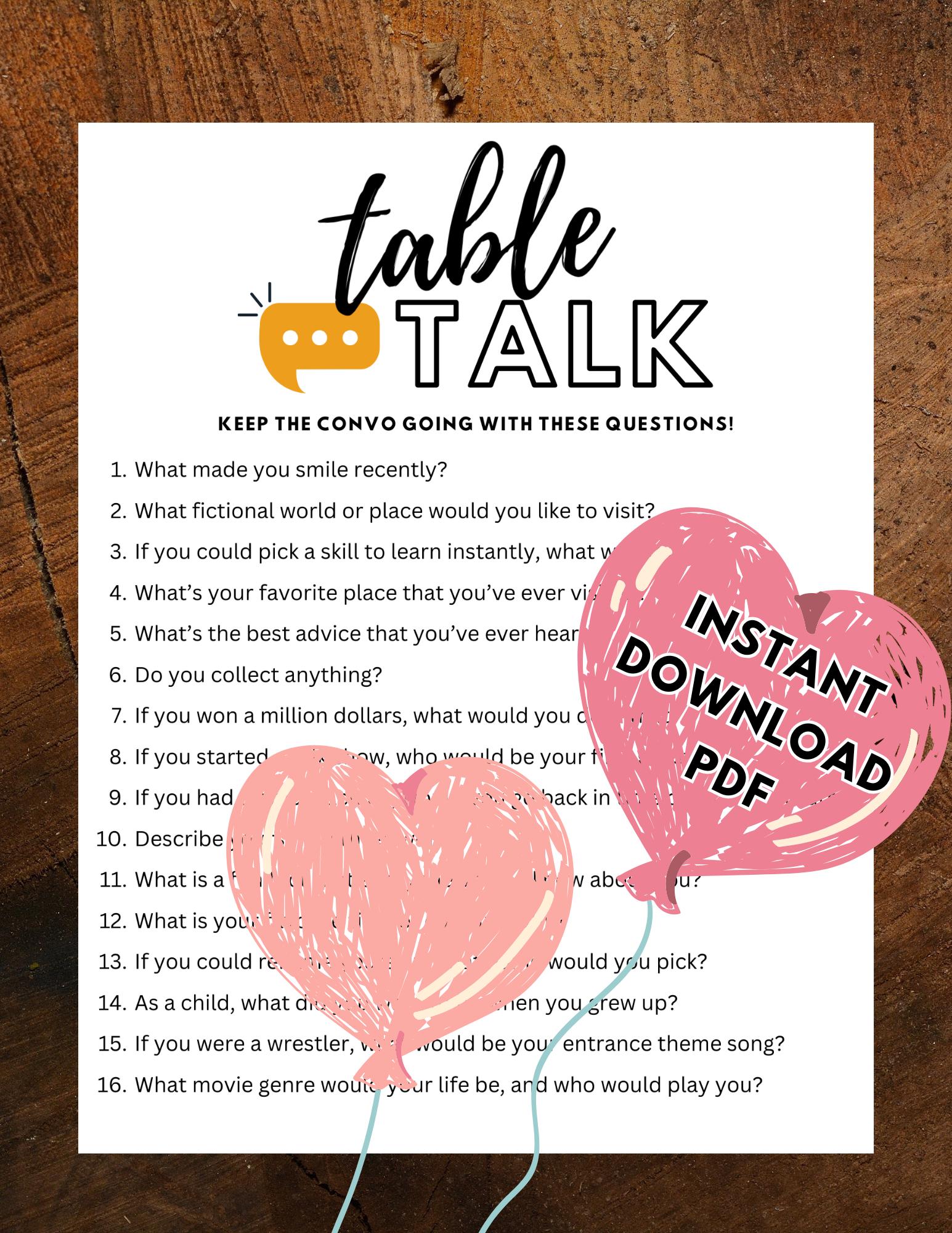 Table Talk Questions: Conversation Starters, Party Icebreaker (PDF ...
