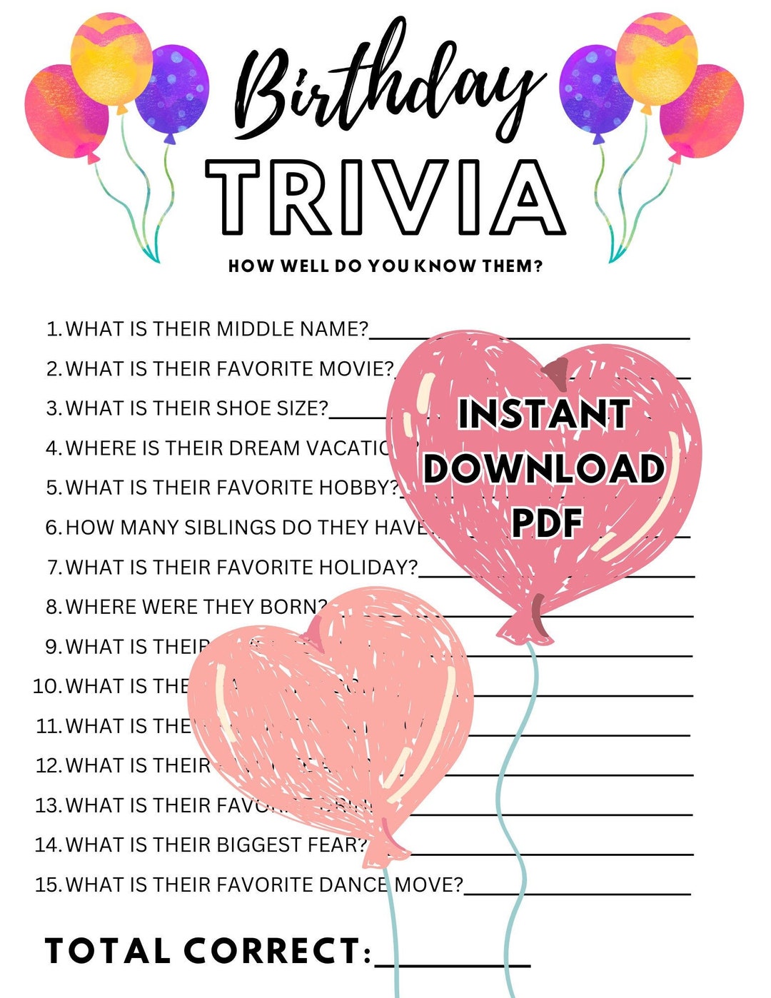 Printable Birthday Trivia Game: Fun Party Questions (instant Download ...