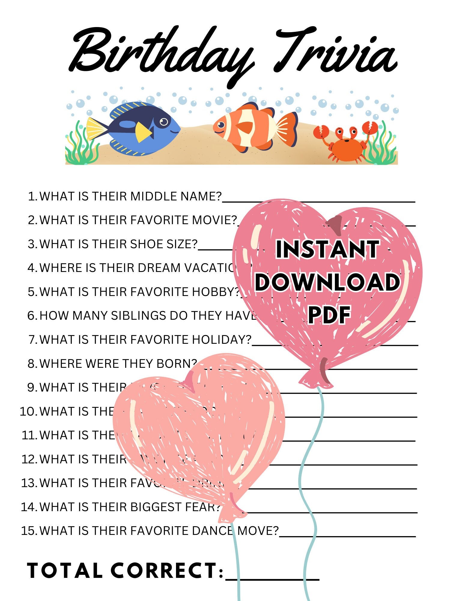 Printable Ocean Birthday Party Trivia Game | Conversation Starter ...