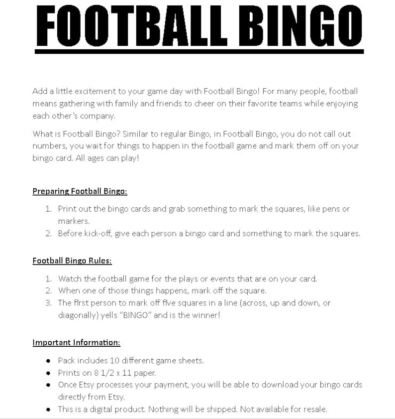 10 Printable Football Bingo Cards | Super Bowl Party | Football Party ...