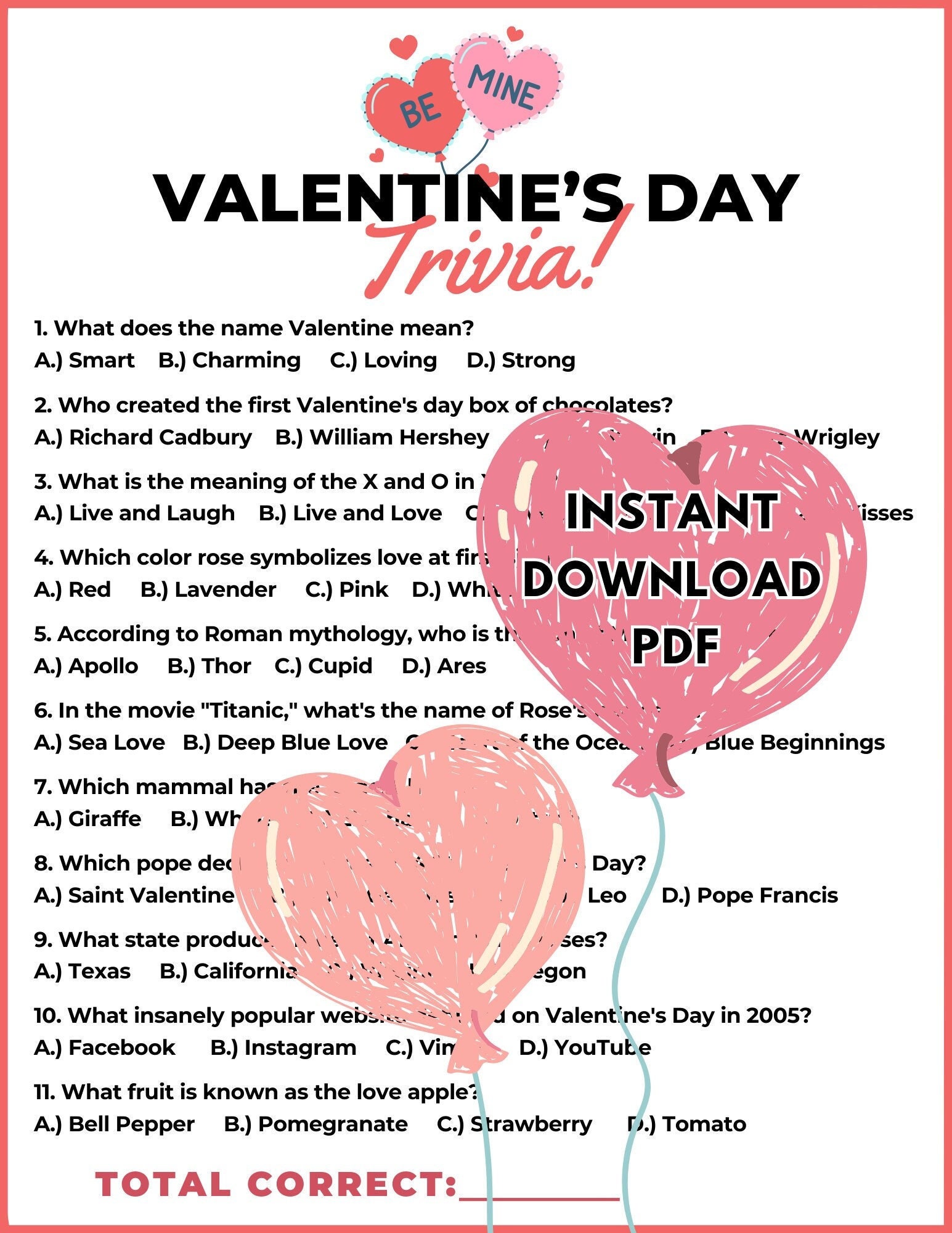 Valentine's Day Trivia Game | Valentine's Day Party | Valentine's Day ...