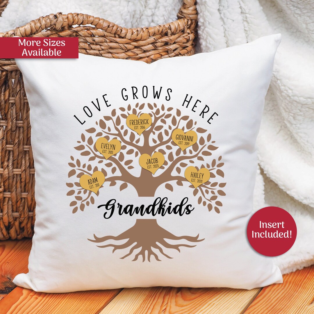 Love Grows Here Grandma Tree Pillow, Personalized Grandparents Pillow ...