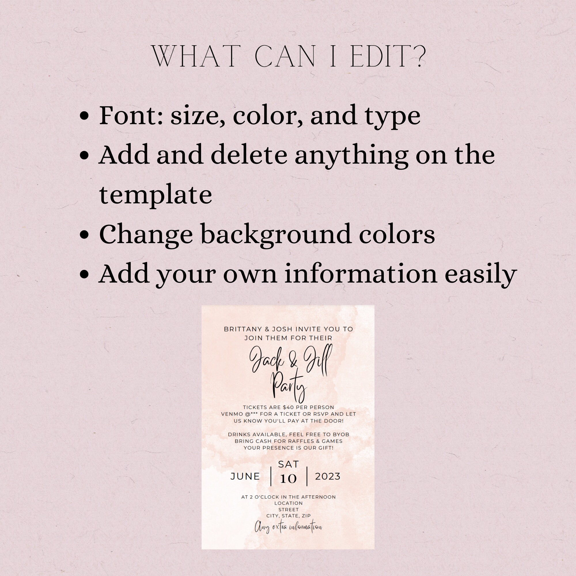 Jack and Jill Pink Invitation Template, Stag and Doe Card, Coed Bridal ...