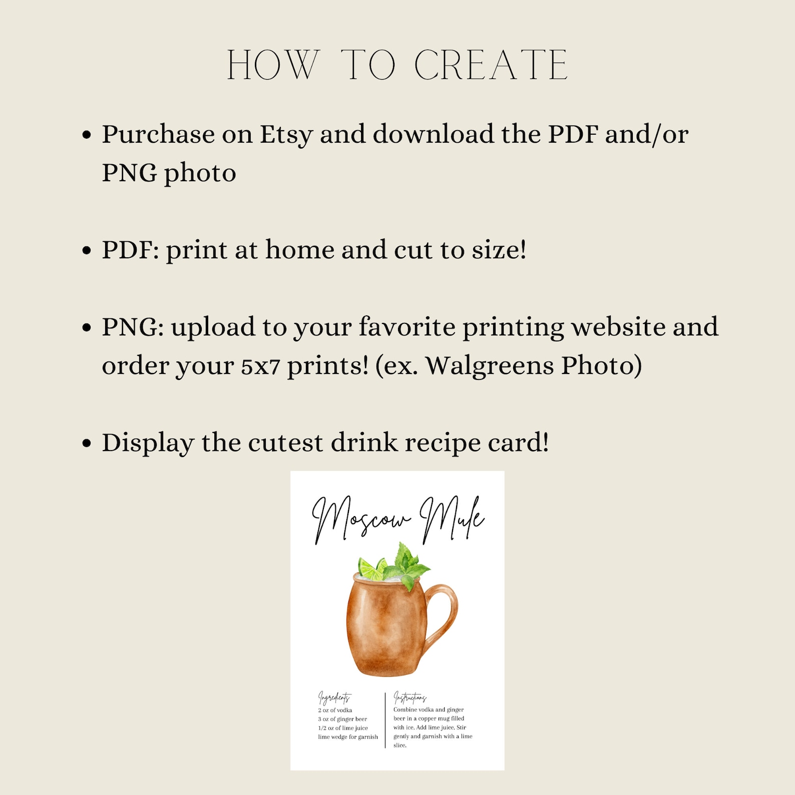 Moscow Mule Recipe Card - Instant Digital Download, PDF & PNG Photo ...