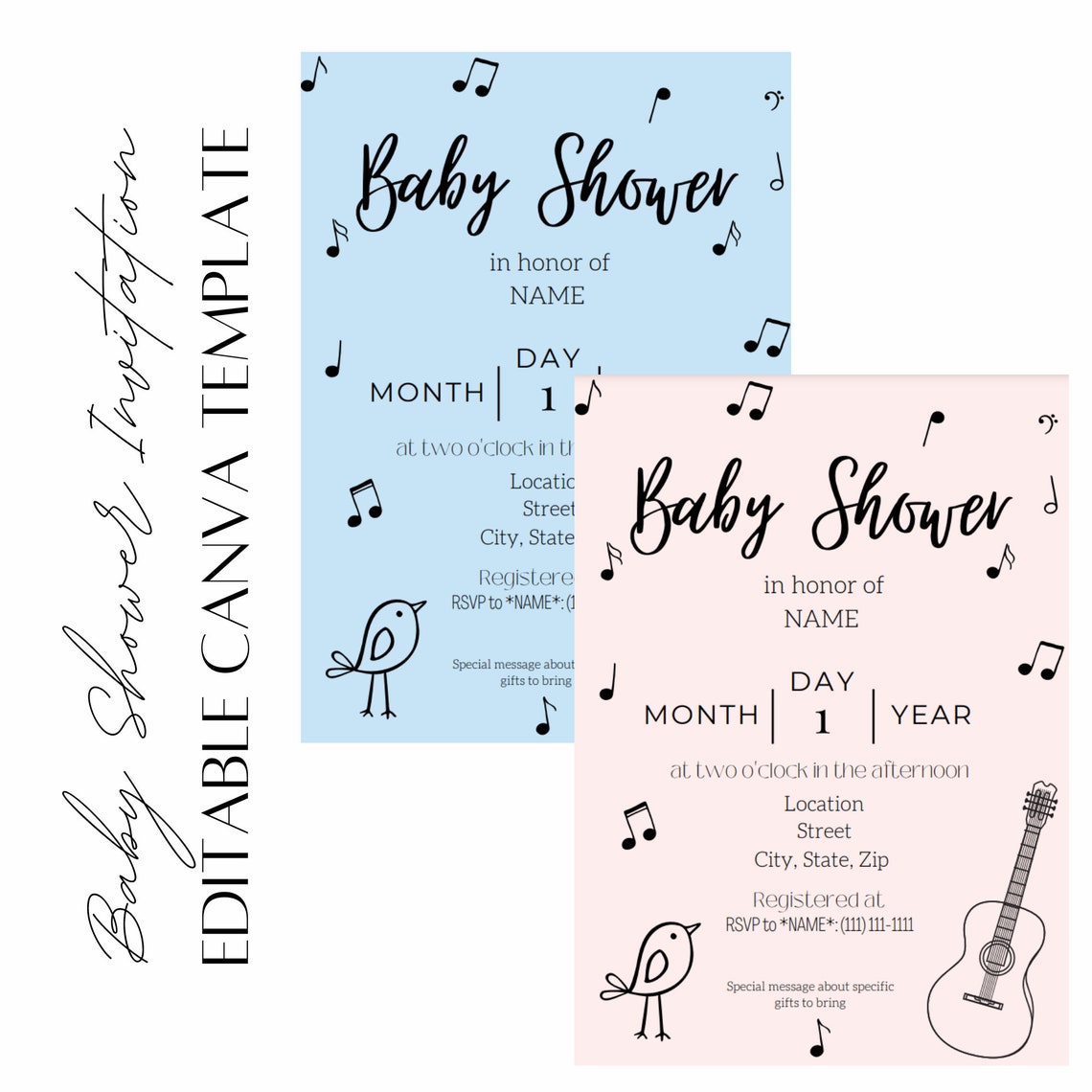 Music Themed Baby Shower Invitation Template, Baby Shower Card, Guitar ...