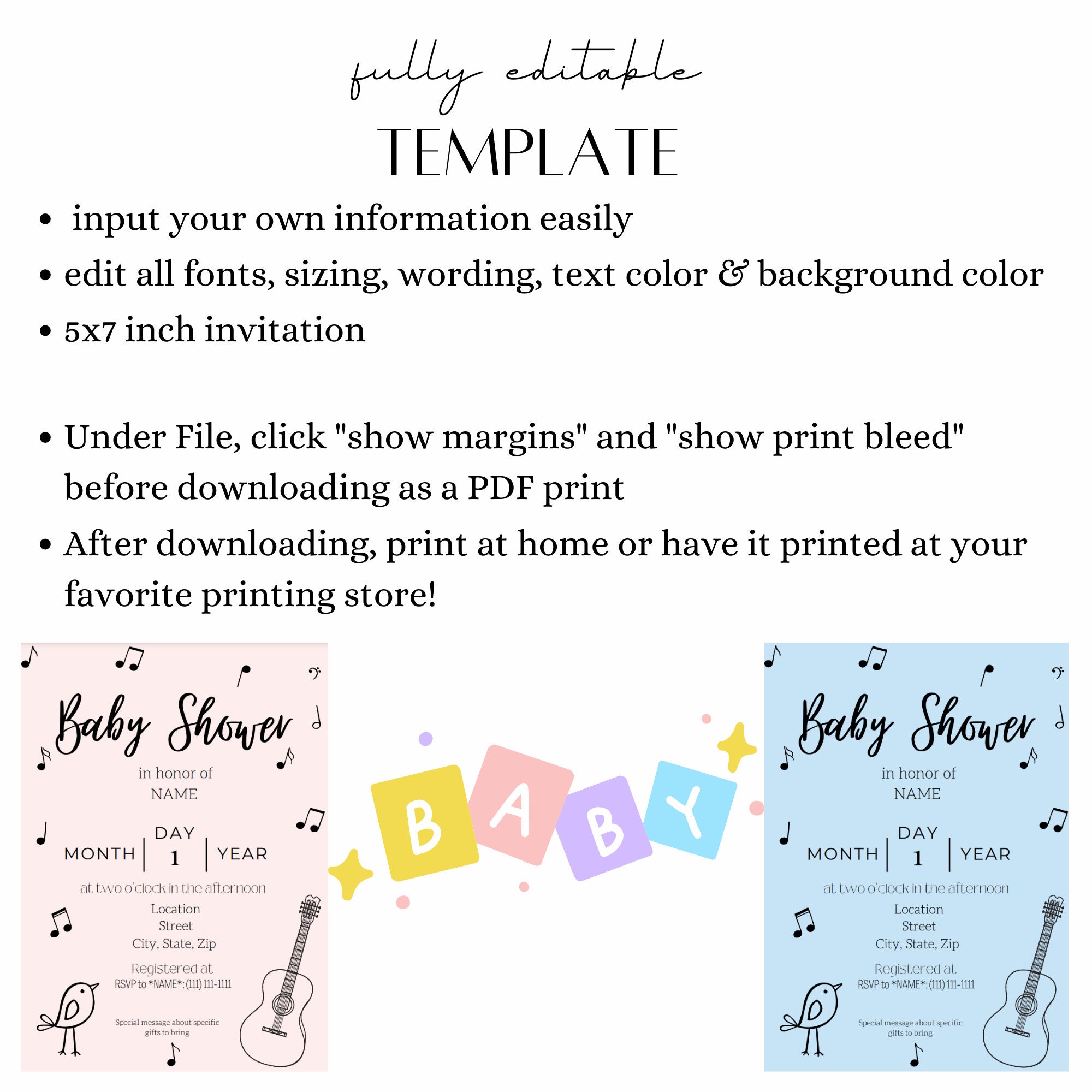 Music Themed Baby Shower Invitation Template Digital - Etsy