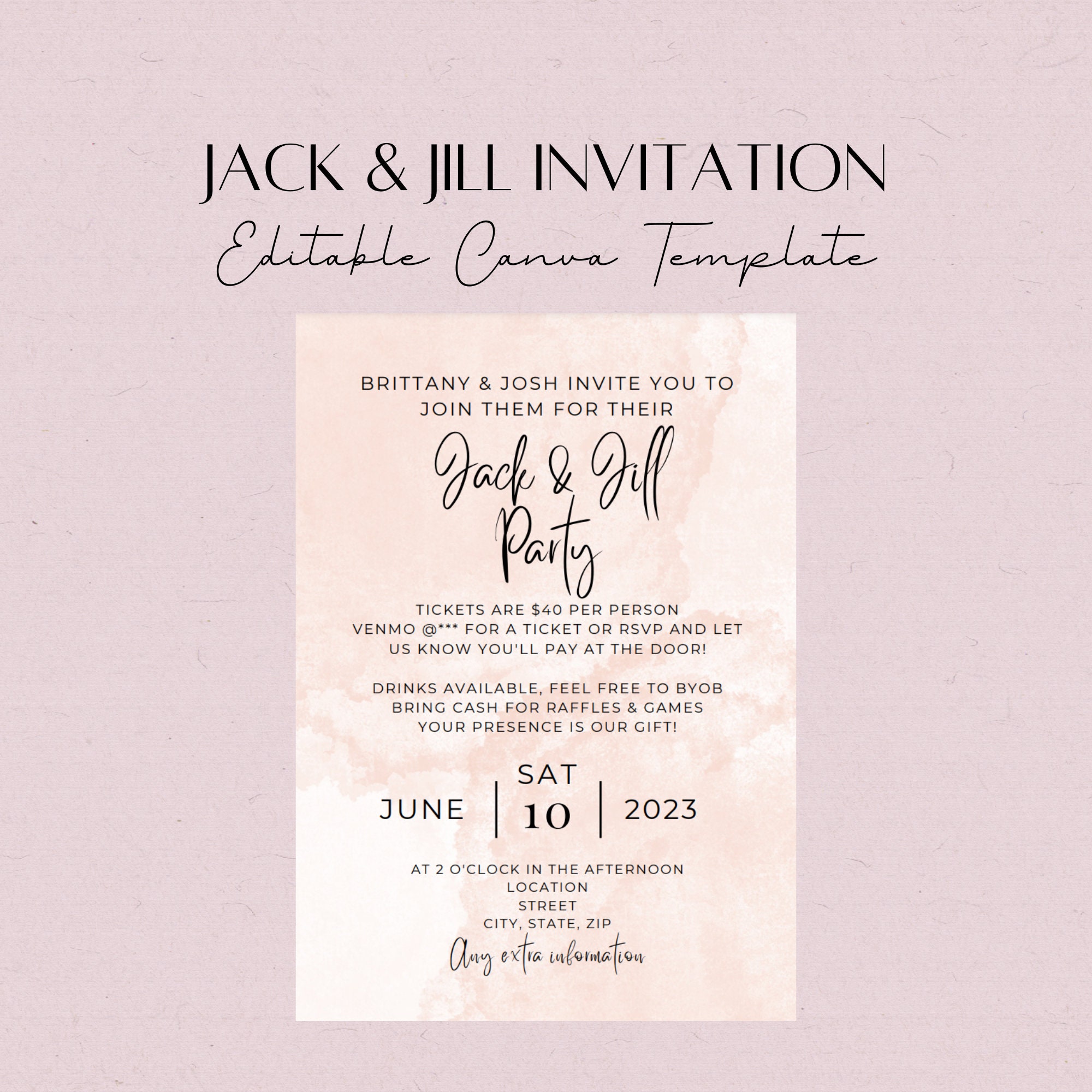 Jack and Jill Pink Invitation Template, Stag and Doe Card, Coed Bridal ...