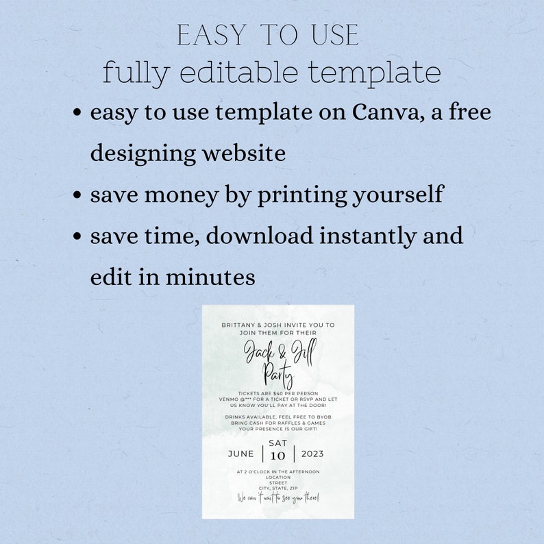 Jack and Jill Blue Invitation Template, Stag and Doe Card, Coed Bridal ...