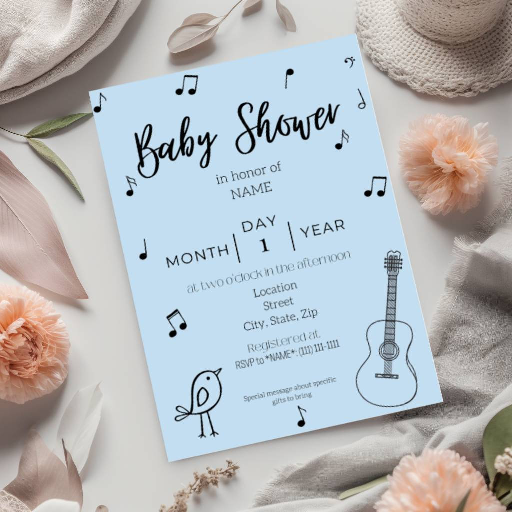Music Themed Baby Shower Invitation Template, Baby Shower Card, Guitar ...