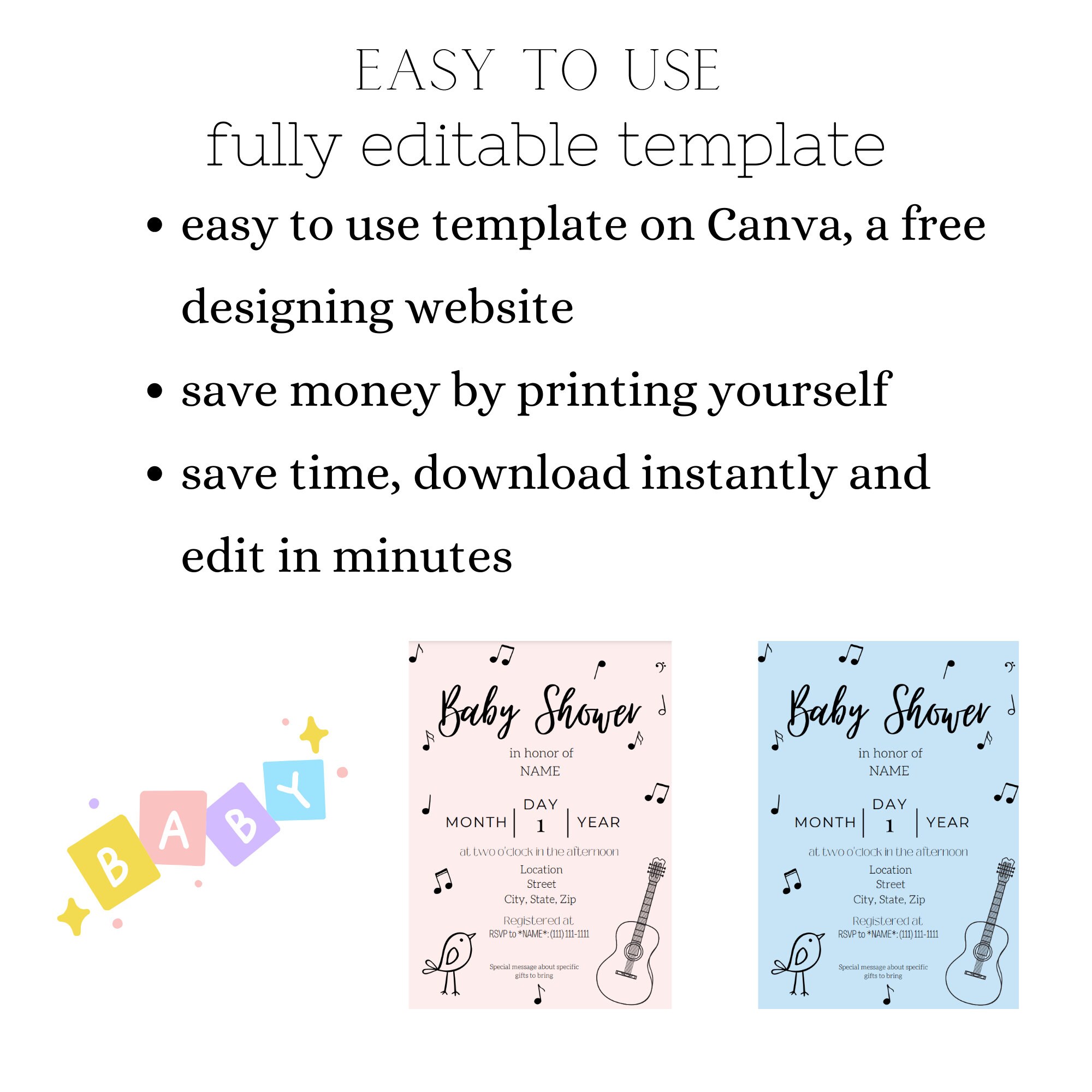 Music Themed Baby Shower Invitation Template, Baby Shower Card, Guitar ...