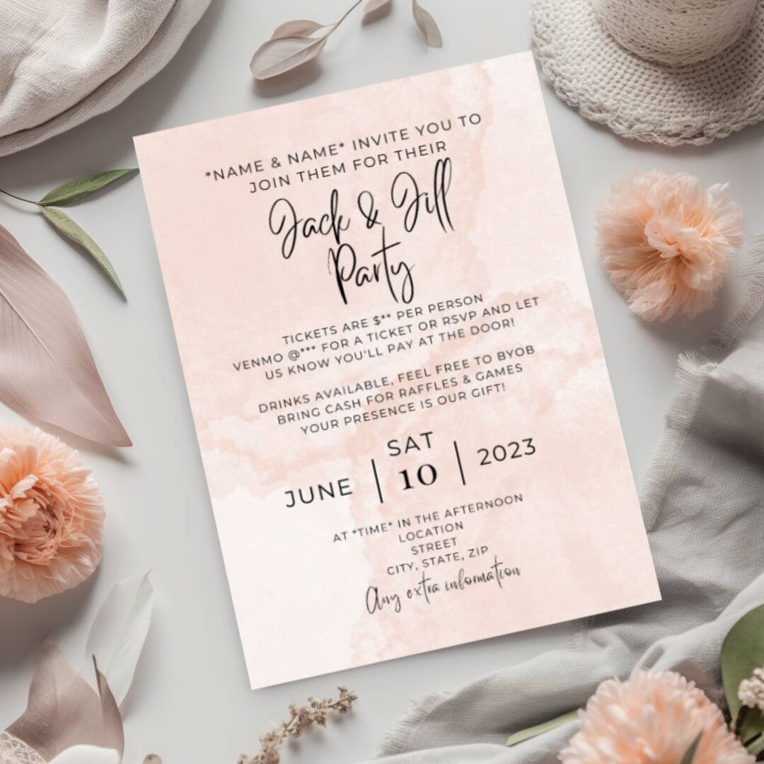 Jack and Jill Pink Invitation Template, Stag and Doe Card, Coed Bridal ...