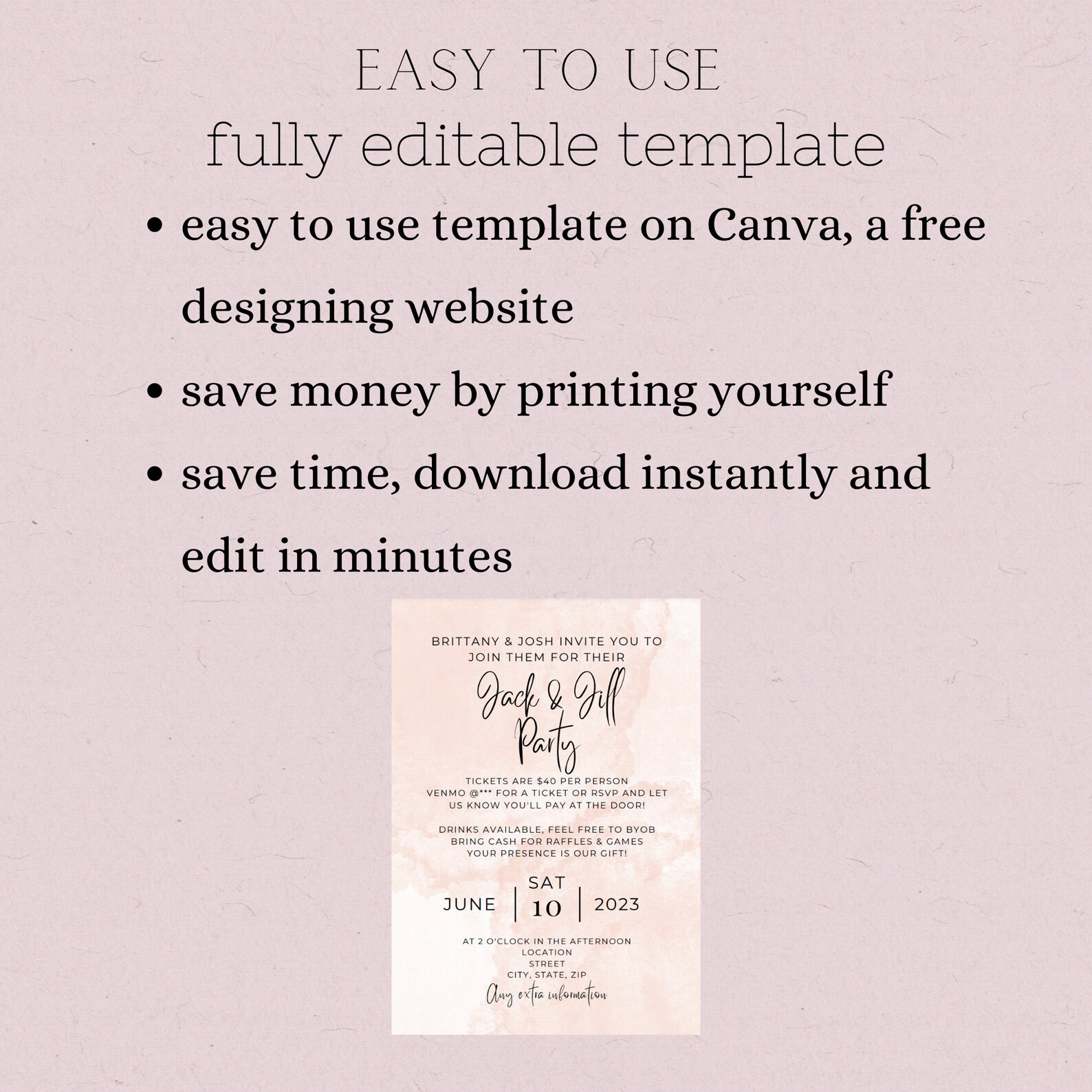 Jack and Jill Pink Invitation Template, Stag and Doe Card, Coed Bridal ...