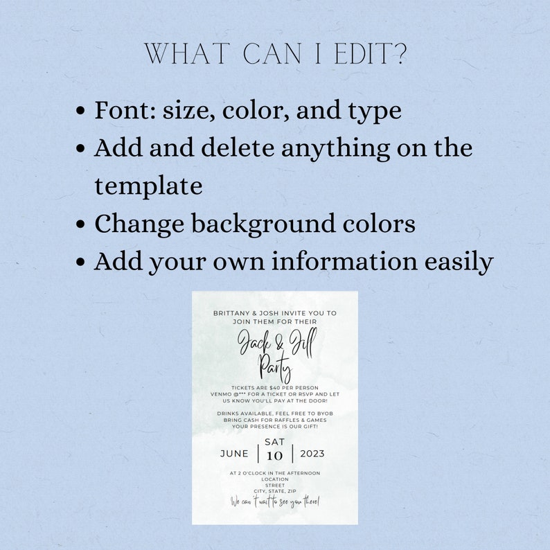 Jack and Jill Blue Invitation Template, Stag and Doe Card, Coed Bridal ...