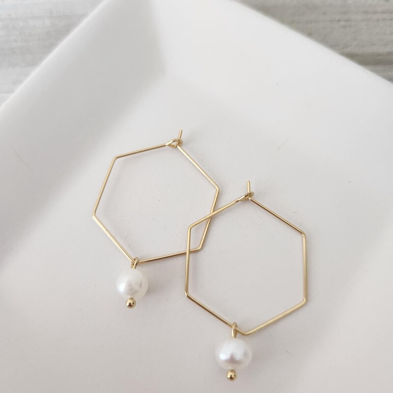 Hexagon Hoops With Pearls - Etsy