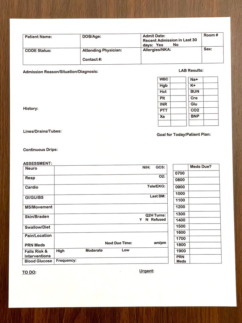 Nurse Report Sheet for Med-surg/tele/stepdown/pcu - Etsy