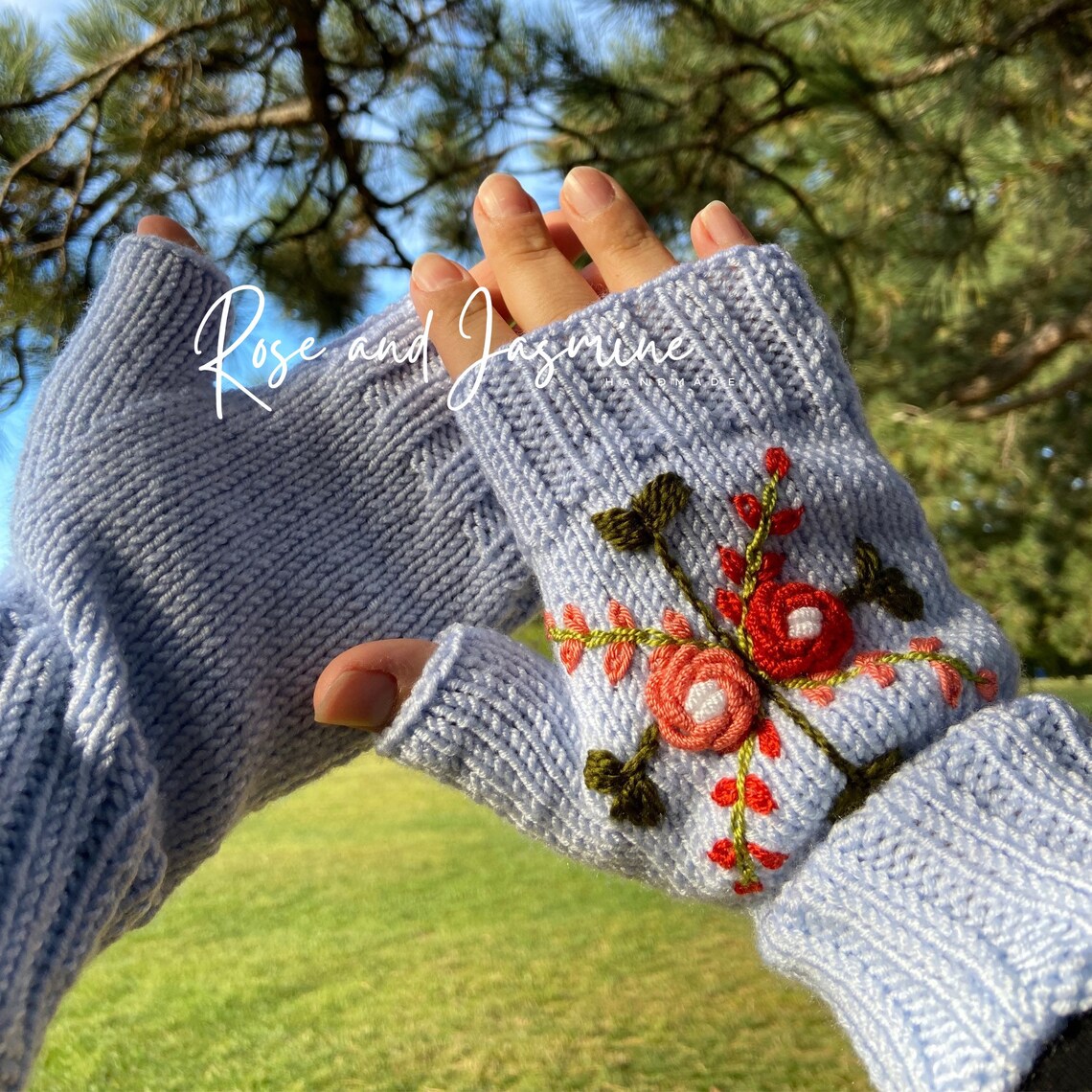 100% Handmade Light Blue Knitted Fingerless Winter Gloves, Embroidery ...