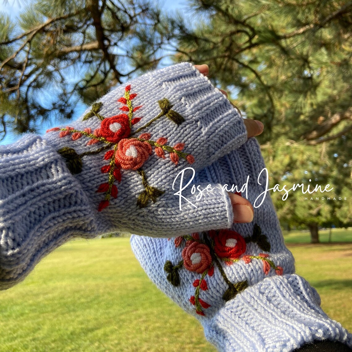100% Handmade Light Blue Knitted Fingerless Winter Gloves, Embroidery ...