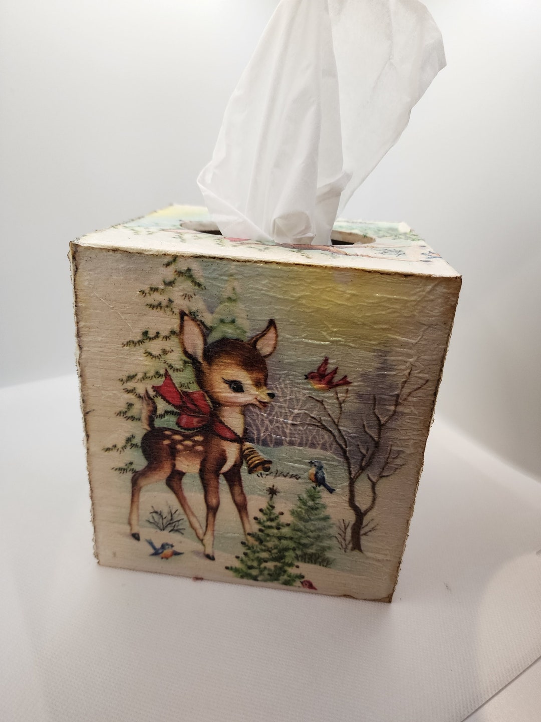 Handmade Decoupage Wooden Tissue Box Cover, Rustic Christmas, Reindeer ...